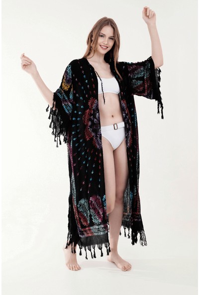 Unytex Yazlık Trend Renkli Kapadokya Desen Kaftan Kimono 5 - Kuşaklı - El Baskısı