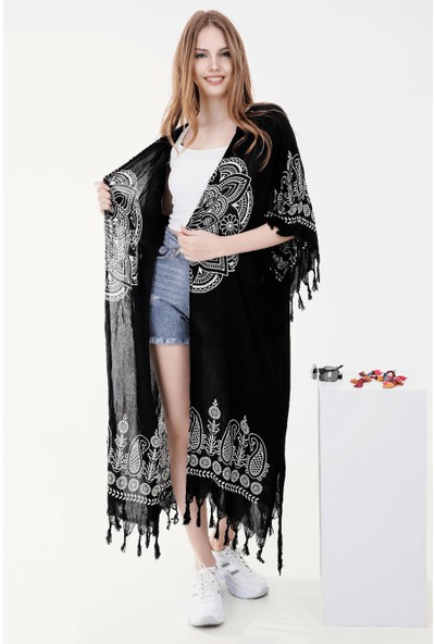 Unytex Yazlık Trend Siyah Anadolu Desen Kaftan Kimono 9 - Kuşaklı - El Baskısı