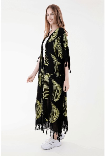 Unytex Yazlık Trend Sarı Yaprak Desen Kaftan Kimono 13 - Kuşaklı - El Baskısı Unytex Yazlık Trend Sarı Yaprak Desen Kaftan Kimono 13 - Kuşaklı - El Baskısı