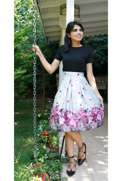 For You Moda Baskı Desenli Midi Etek Gri For You Moda Baskı Desenli Midi Etek Gri
