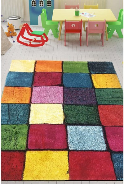 Konfor Halı Anaokulu Kreş Oyun Halısı Dokuma Renkli Kutular