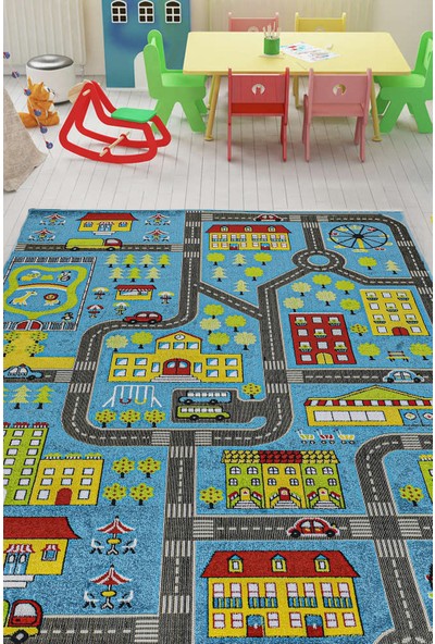 Konfor Halı Anaokulu Kreş Oyun Halısı 3 Boyutlu Dokuma Mavi Şehir Deseni