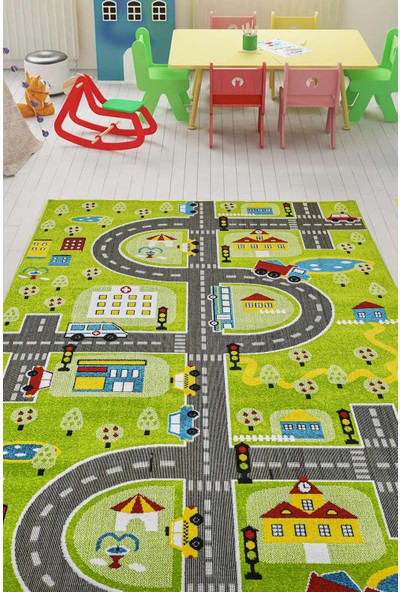 Konfor Halı Anaokulu Kreş Oyun Halısı 3 Boyutlu Dokuma Yeşil Trafik
