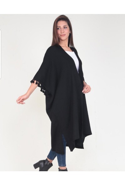 Cnr Triko Siyah Renkli Kolları Püskül Detaylı Panço Cnr Triko Siyah Renkli Kolları Püskül Detaylı Panço