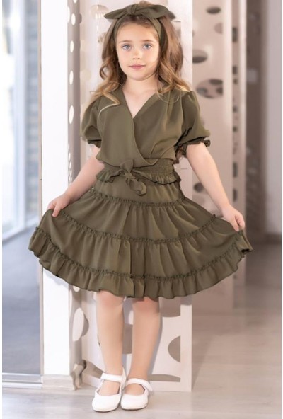 Riccotarz Kız Çocuk Beli Lastikli Fırfır Detaylı Yeşil Etekli Takım