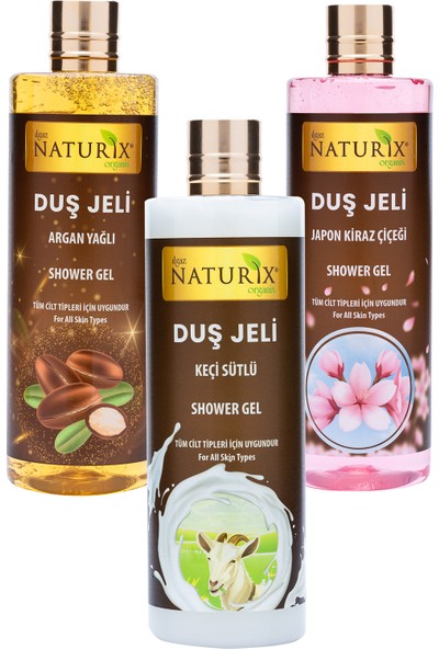 Naturix Organik Japon Kirazı Duş Jeli 400 ml + Keçi Sütü Duş Jeli 400 ml + Argan Yağlı Duş Jeli 400 ml
