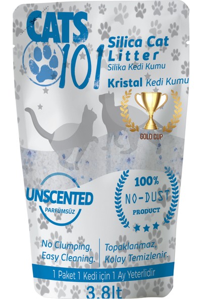 Cats 101 CATS101 Altın Seri Ödüllü Tozsuz Silika Kedi Kumu - Idrar Kurutucu Mikrop Önleyici Kristal Kedi Kumu - 3,8 Lt
