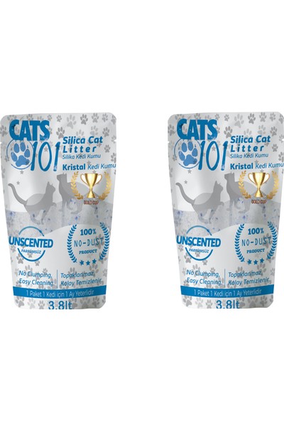 Cats 101 CATS101 Altın Seri Ödüllü Tozsuz Silika Kedi Kumu - Idrar Kurutucu Mikrop Önleyici Kristal Kedi Kumu - 3,8 Lt x 2 Pkt