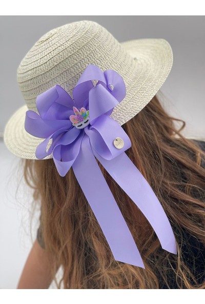 Queen Accessories Prenses Kız Çocuk Hasır Şapka Plaj Çanta Takım Set Lila Mor Unicorn At