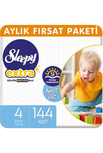 Sleepy Extra Aylık Fırsat Paketi Günlük Aktivite Külot Bez 4 Numara Maxi 144'lü Sleepy Extra Aylık Fırsat Paketi Günlük Aktivite Külot Bez 4 Numara Maxi 144'lü