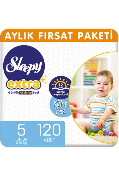 Sleepy Extra Aylık Fırsat Paketi Günlük Aktivite Külot Bez 5 Numara Junior 120'li Sleepy Extra Aylık Fırsat Paketi Günlük Aktivite Külot Bez 5 Numara Junior 120'li