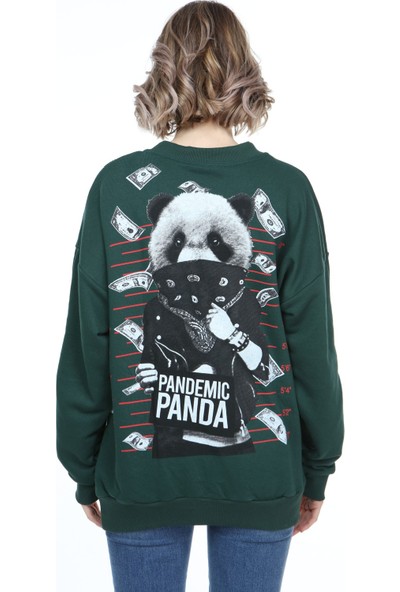 Millionaire Ekru Pandemic Panda Baskılı Oversize Kadın Sweatshirt