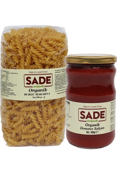 Sade Organik Organik Burgu Makarna 500 gr + Organik Domates Salçası 650GR