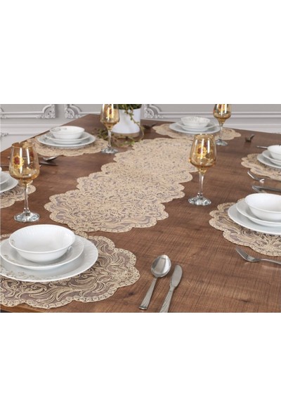 Tropik Home Amerikan Servis Valeria Bej Renkli Supla ve Runner 6 Kişilik Set Masa ve Salon Takımı Tropik Home Amerikan Servis Valeria Bej Renkli Supla ve Runner 6 Kişilik Set Masa ve Salon Takımı