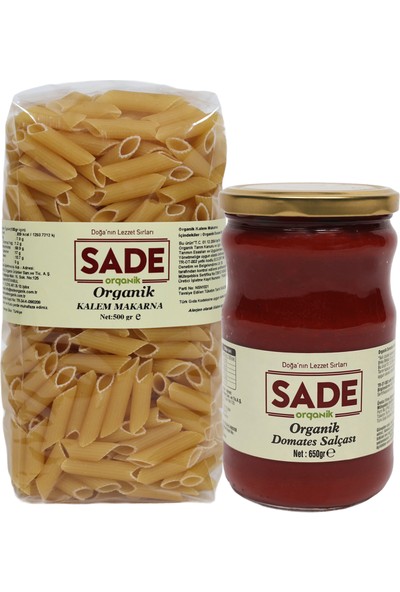 Sade Organik Organik Kalem Makarna 500 gr + Organik Domates Salçası 650GR