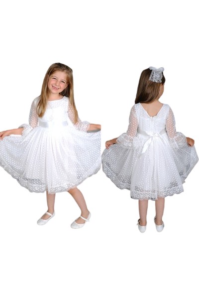 Neşeli Bebek Beyaz Dantel Tokalı Kız Çocuk Elbise