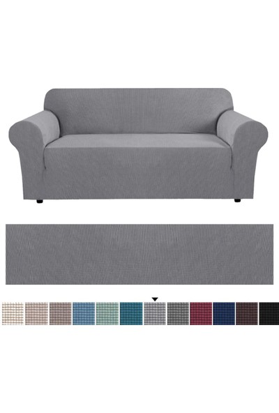 Bogda Bal Peteği Desen Streç Lastıklı Esnek Koltuk Kanepe Kılıfı 3 Kişilik Açik Gri