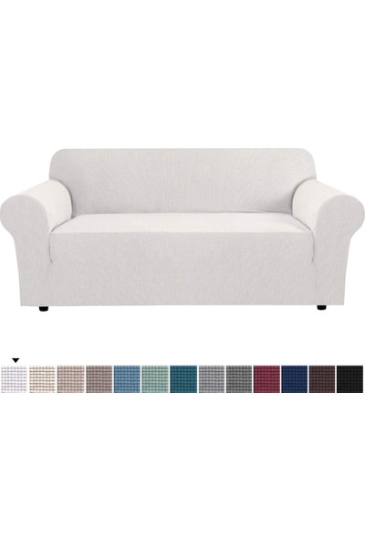 Bogda Bal Peteği Desen Streç Lastıklı Esnek Koltuk Kanepe Kılıfı 3 Kişilik Beyaz