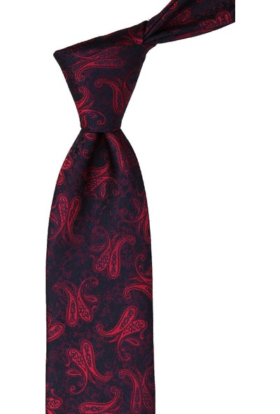 Kravatkolik Siyah - Kırmızı Şal Desen Mendilli Klasik Kravat KK10571
