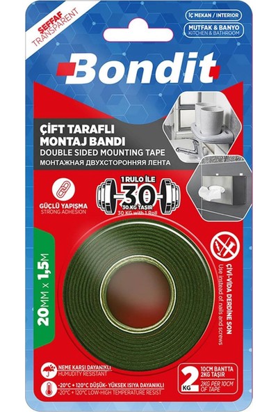 Bondit Çift Taraflı Montaj Bandı 20 mm x 1.5 Metre (BNMD2015)