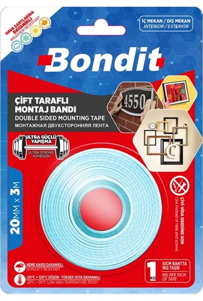 Bondit Çift Taraflı Montaj Bandı 20 mm x 3 Metre (BNMD2030)