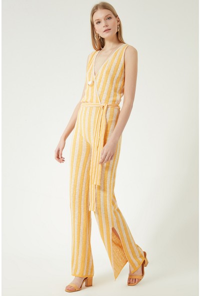Mimoza Kruvaze Yaka Çizgili Kemerli Triko Tulum