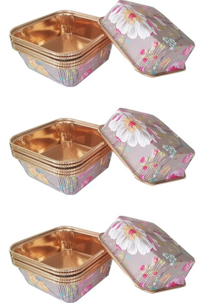 Roll-Up Premium Çiçek Desenli Gri Kare Tatlı Kase Seti