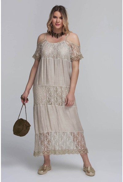 Zer Otantik Kat Dantelli Askılı Büyük Beden Elbise Vizon