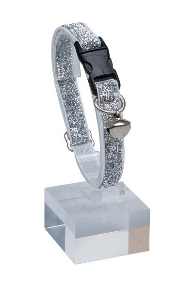 Durbuldum Simli Kadife Zilli Ayarlanabilir Kedi Boyun Tasması 22-30 cm Gümüş