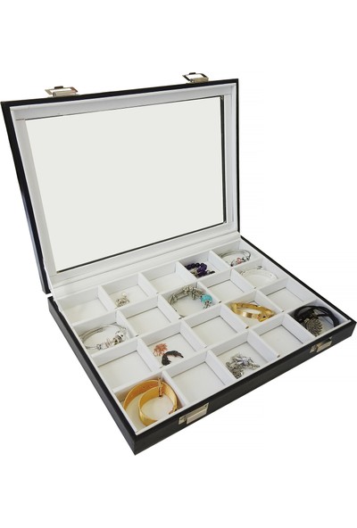 Chavin 20 Bölme Cam Kapaklı Siyah Deri Yüzük Küpe Takı Tablası ST1-40BY Chavin 20 Bölme Cam Kapaklı Siyah Deri Yüzük Küpe Takı Tablası ST1-40BY