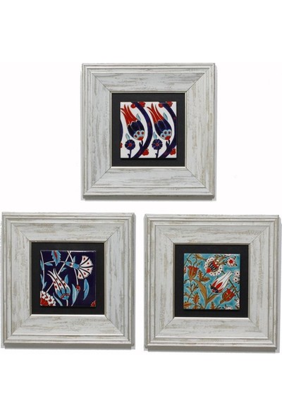 OTANTİK ÇİNİ Otantik Çini Çerçeveli Seramik Üçlü Kombin Set Lale ve Karanfil Dekorlu 23X23 cm