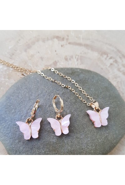 Chavin Pembe Kelebek Kolye ve Küpe Seti EM97PM