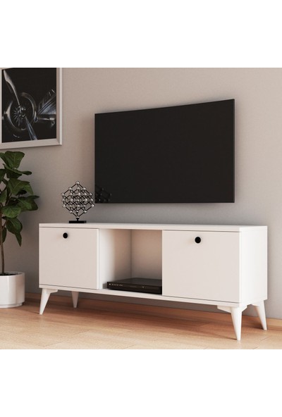 FERNISO 120CM Beyaz Tv Sehpası Siyah Düğme Kulplu