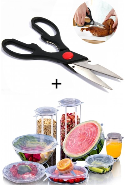 Tilbe Home Mutfak Makası Çok Amaçlı Kapak Açıcı Ceviz Kırıcı Et Makası + Silikon Streç Kapak Bonesi Seti Tilbe Home Mutfak Makası Çok Amaçlı Kapak Açıcı Ceviz Kırıcı Et Makası + Silikon Streç Kapak Bonesi Seti
