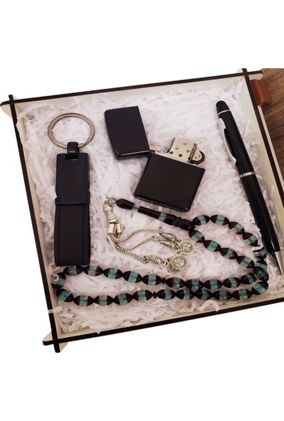 Chenar Siyah Kalem Çakmak Anahtarlık ve Toz Kehribar Tesbih Seti
