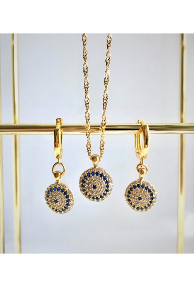 Soiestore Zirkon Nazar Boncuk Altın Kaplama Kolye Küpe Set
