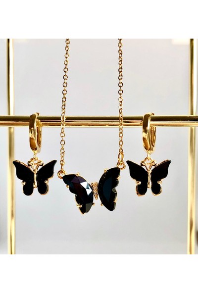 Soiestore Siyah Kelebek Altın Kaplama Kolye Küpe Set