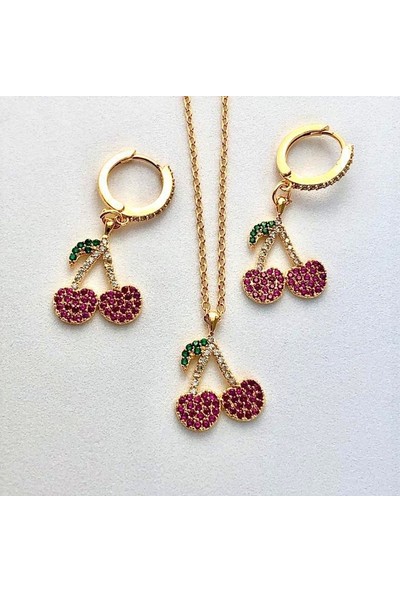 Soiestore Zirkon Kiraz Kolye Küpe Set