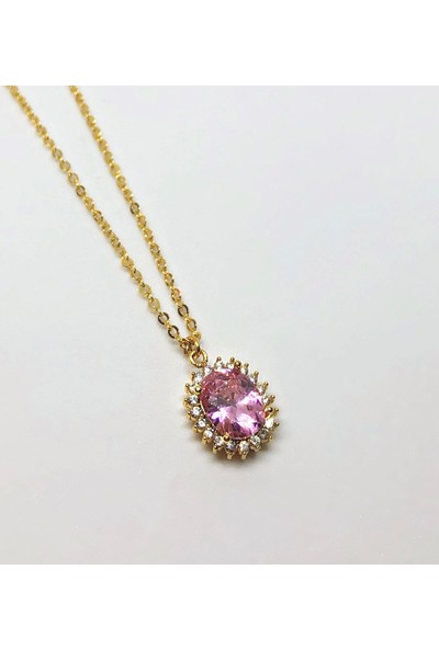 Soiestore Zirkon&swarovski Oval Taşlı Kolye Pembe