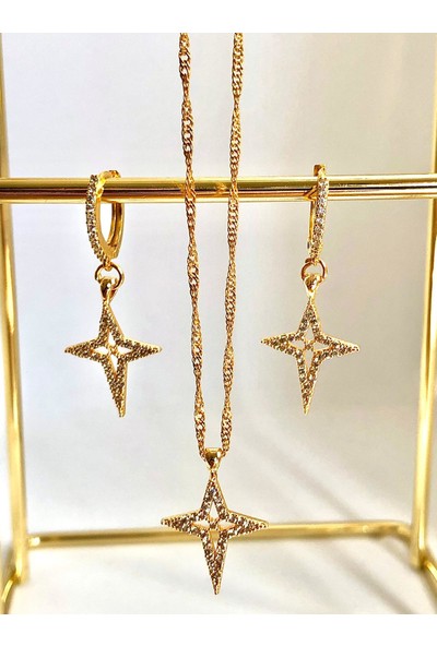 Soiestore Zirkon Yıldız Altın Kaplama Kolye Küpe Set