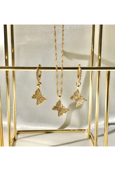 Soiestore Zirkon Kelebek Altın Kaplama Kolye Küpe Set