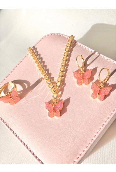 Soiestore Simli Kelebek Yüzük Küpe Bileklik Set Pembe