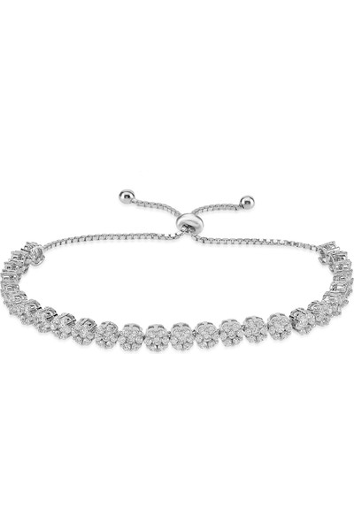 Coşar Silver Zirkon Taşlı Pırlanta Montür Gümüş Rengi Kaplama Çiçek Desenli Gümüş Bileklik