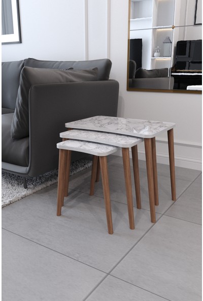 Zigon Sehpa & Yan Sehpa 3'lü Ahşap Ayaklı Sehpa - Beyaz Mermer Zigon Sehpa & Yan Sehpa 3'lü Ahşap Ayaklı Sehpa - Beyaz Mermer