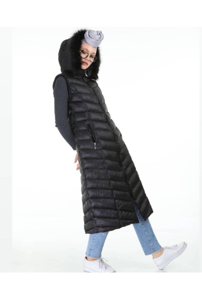 Nacar Çarşı Kadın Uzun Şişme Siyah Kapüşonlu Yelek
