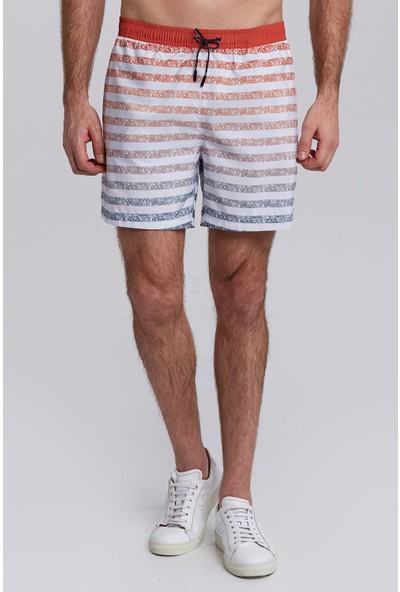 Hemington Çizgi Desenli Turuncu Beyaz Klasik Kesim Mayo