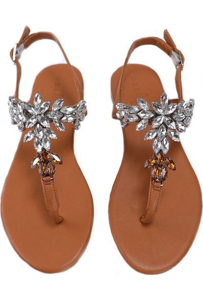 Lavion Hakiki Deri Taba Günlük Taşlı Kadın Sandalet