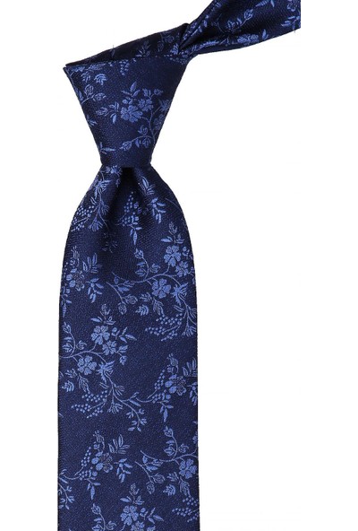 Kravatkolik Mavi Çiçek Desen Mendilli Klasik Kravat KK10668