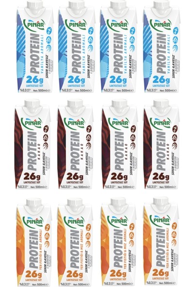 Pınar Protein Süt Karışık Set Vanilya, Kakao, Muz 12'li