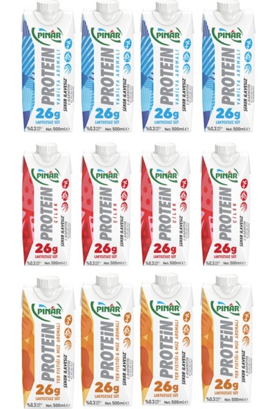 Pınar Protein Süt Karışık Set Vanilya, Çilek, Muz 12'li